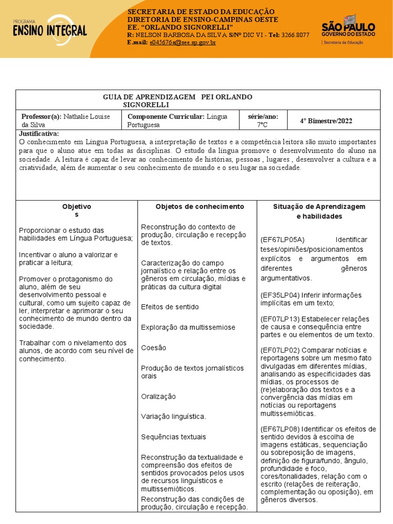 Guia de Aprendizagem Pei LP Nathalie 4bim 7c | PDF | Gênero | Estudos ...