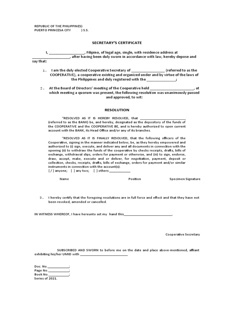 Secretary's Certificate for Bank Account | PDF | Banking | Financial ...