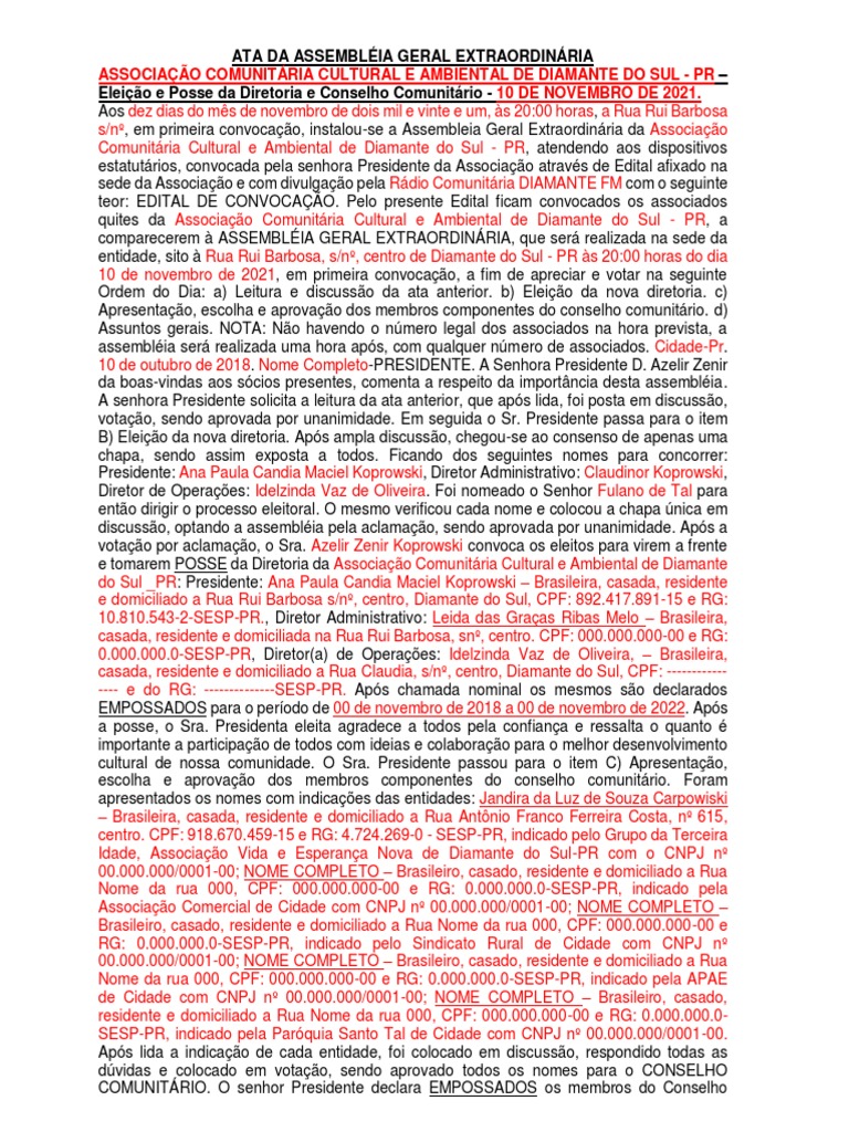 2022 - Ata de Assembléia Eleição Diretoria e Conselho PDF | PDF | Política