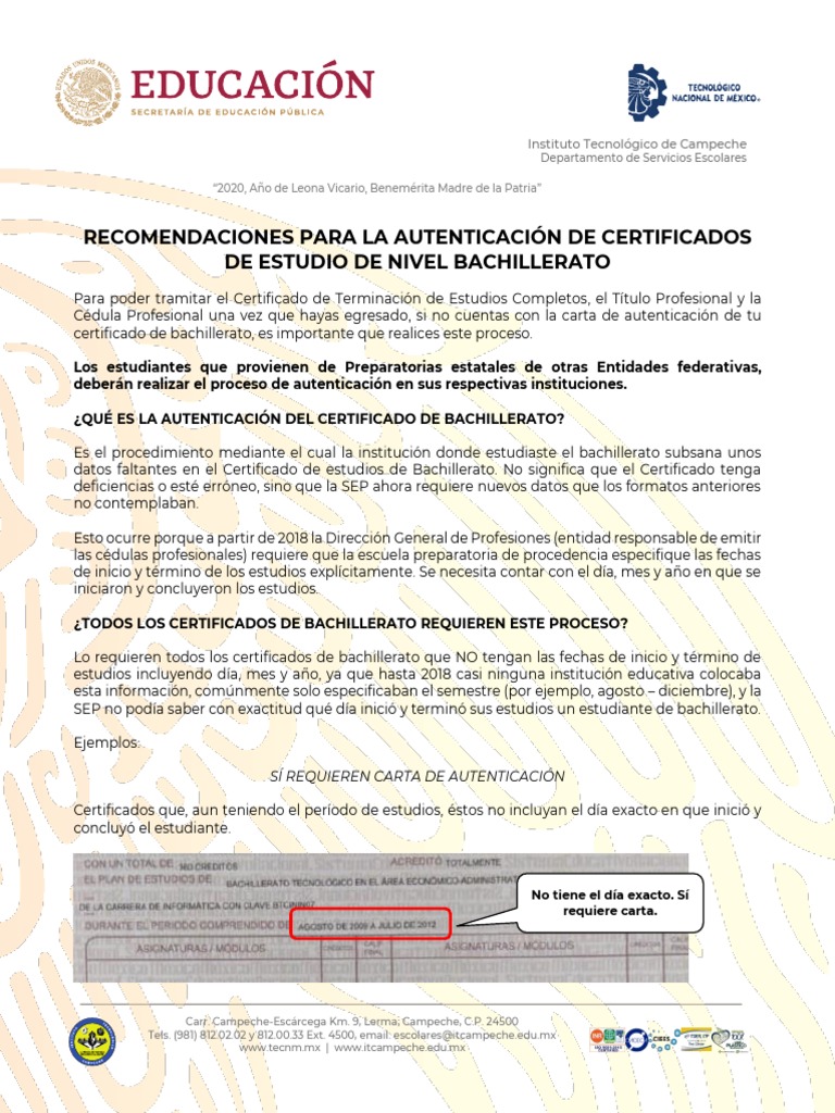 Recomendaciones para Carta de Autenticación de Certificados de Estudio de Bachillerato | PDF