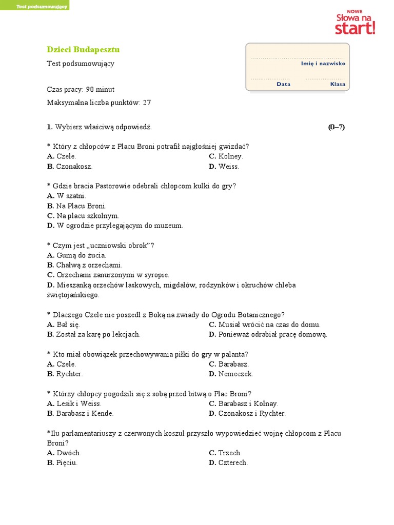 Chlopcy Z Placu Broni Lektura Obowiazkowa Test Podsumowujacy | PDF