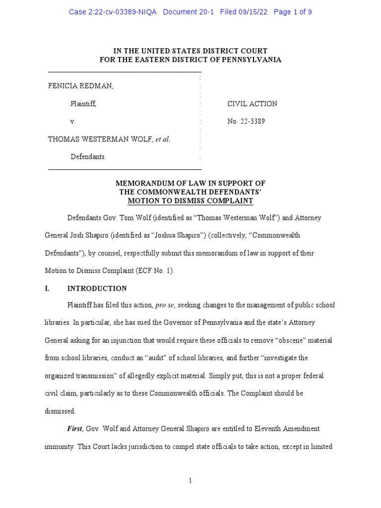 Motion To Dismiss From Gov. Tom Wolf and Attorney General Josh Shapiro | PDF | Complaint | Cause ...