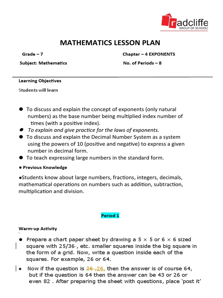 Maths Lesson Plan - Grade 7 Chp4 Exponents | PDF | Numbers | Exponentiation