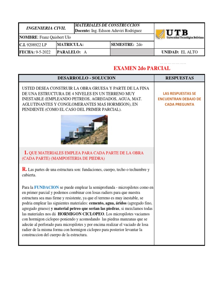 QUF - EXAMEN 2do PARCIAL - MAT. DE CONSTRUCCION | PDF | Hormigón | Cemento