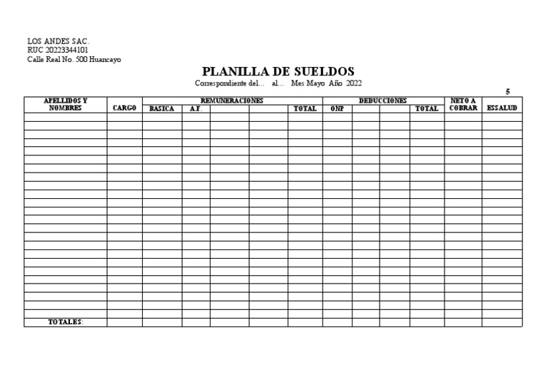Modelo Planilla de Remuneraciones | PDF
