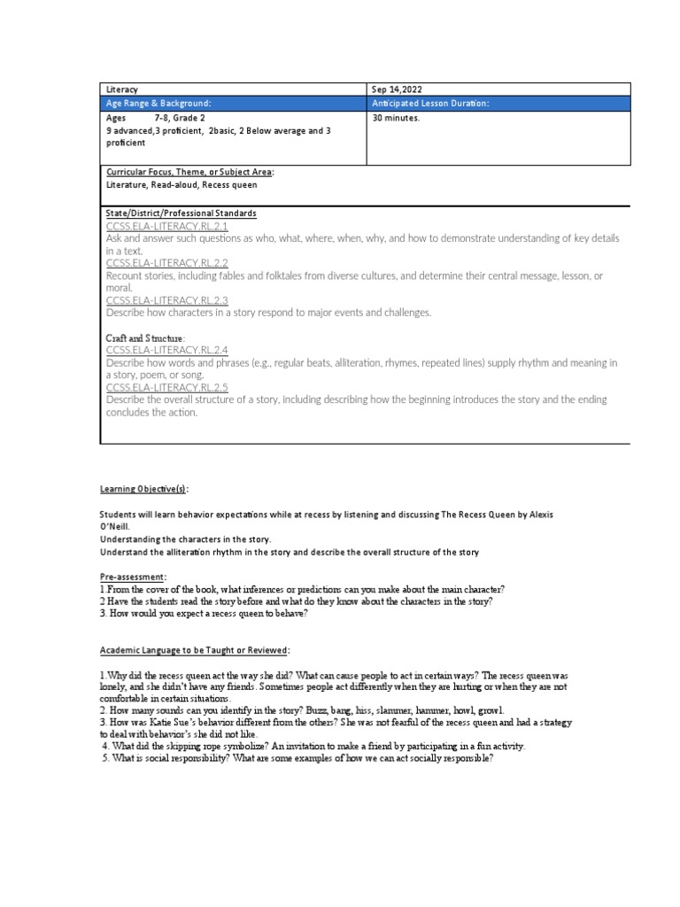 Lesson Plan 1 For Observation | PDF | Cognitive Psychology ...