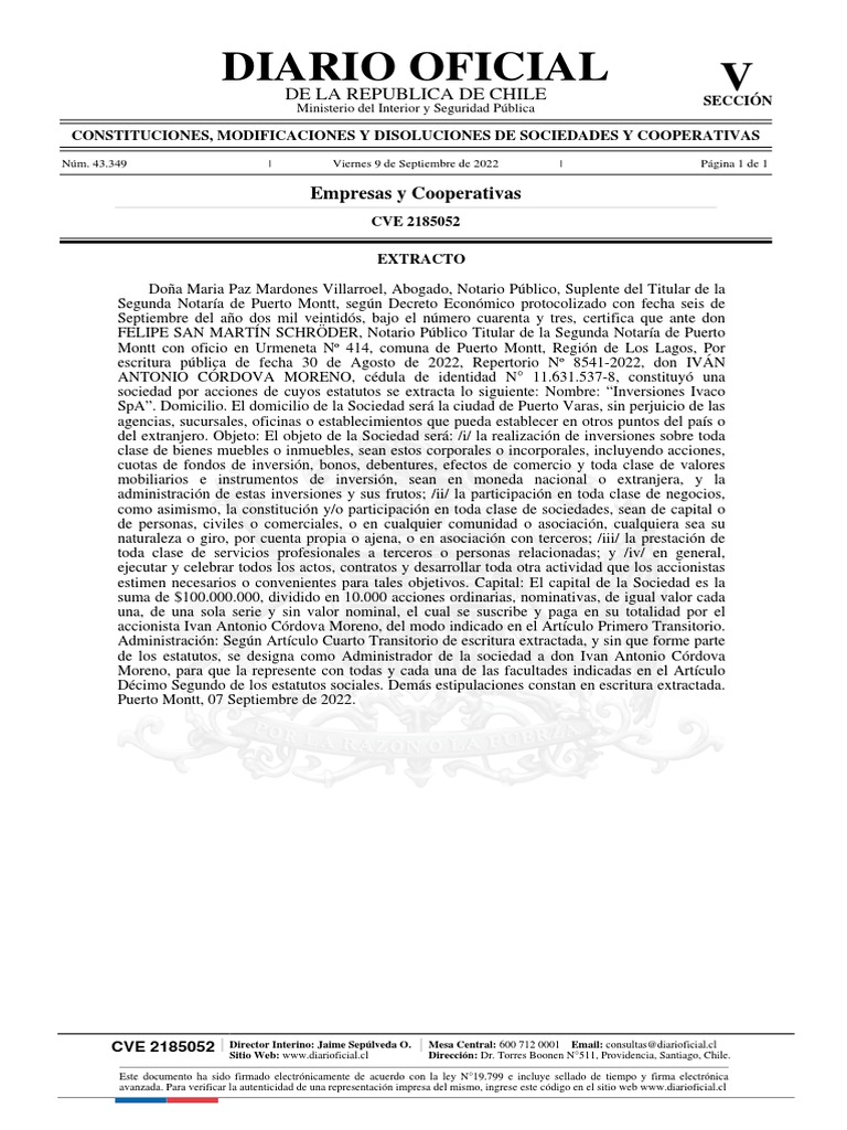 Diario Oficial - Publicacion Inversiones Ivaco SpA | PDF