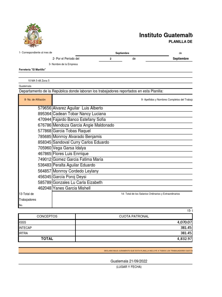 Planilla de IGSS.. | PDF