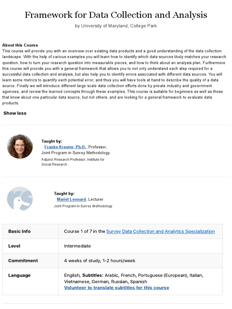 Framework For Data Collection and Analysis - University of Maryland, College Park - Course Info ...