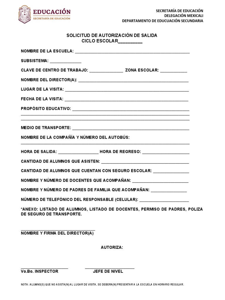 Solicitud de autorización de salida escolar para visita educativa | PDF