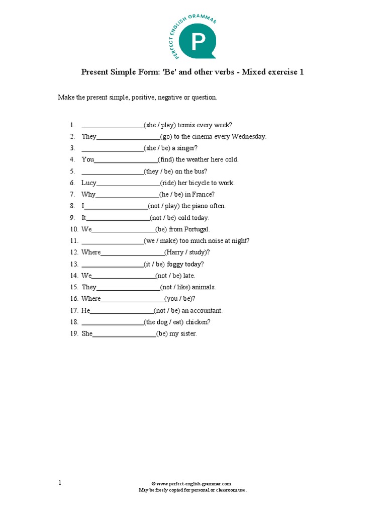 Present Simple Mixed Exercise 1 Be and Other Verbs | PDF | Foreign ...