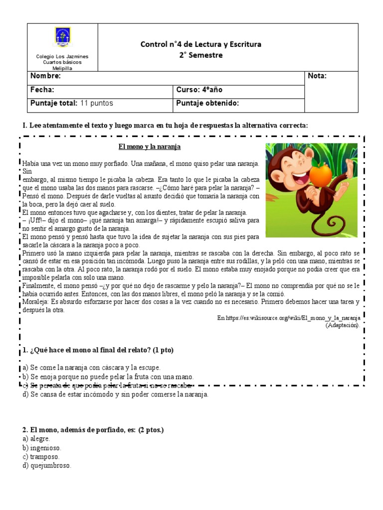 Comprensión de Lectura: El Mono y la Naranja | PDF