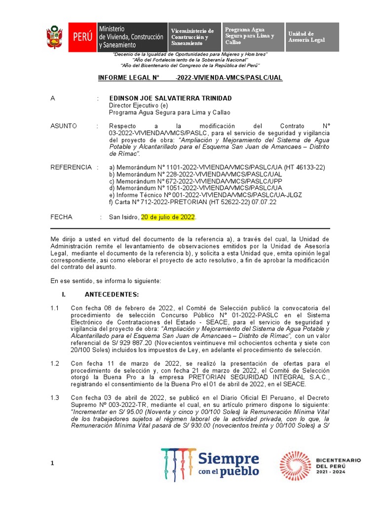 INFORME LEGAL UAL A DE - Modificacion Del Contrato de Vigilancia Incremento RMV | PDF | Salario ...