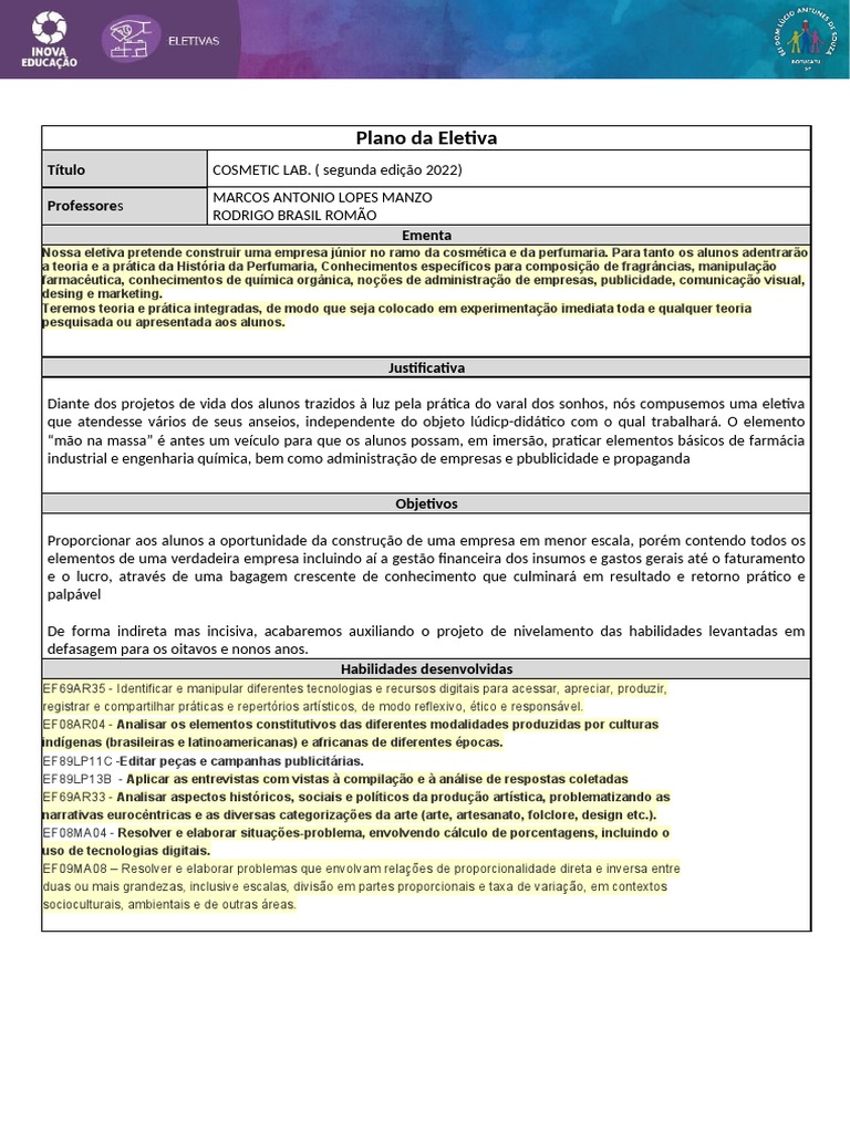 PL. ELETIVAS COSMETIC LAB 2sem 22 | PDF | Publicidade | Química