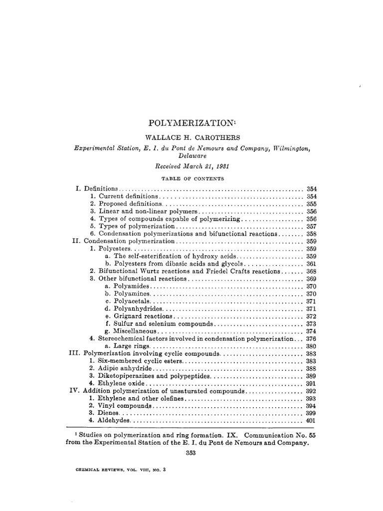 Chem Rev 1931, 8, 353-426 Polymerization | Download Free PDF | Polymers | Ester