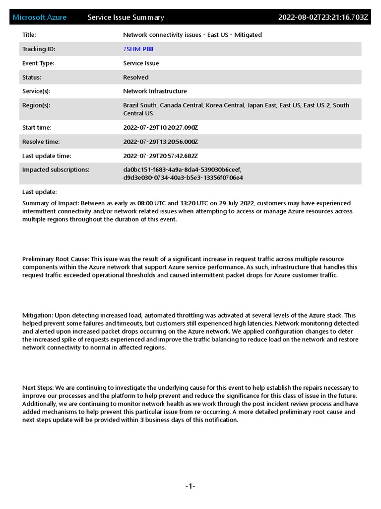 Microsoft Azure Issue Summary 7SHM-P88 | PDF | Distributed Computing | Internet Protocol Based ...