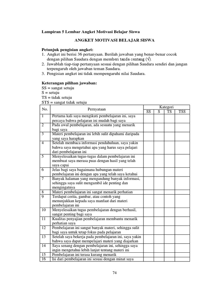 Angket Motivasi Belajar Siswa | PDF | Karier & Perkembangan ...