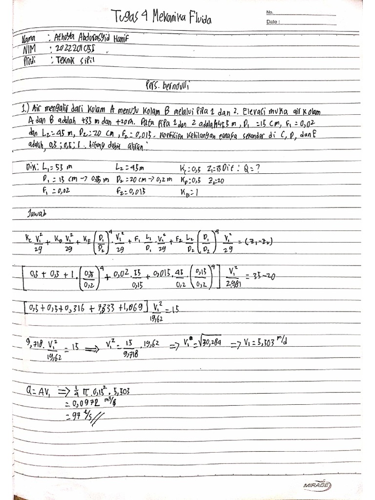 Tugas 4 M.Fluida - Pers - Bernoulli - Athoya Abdurasyid Hanif ...