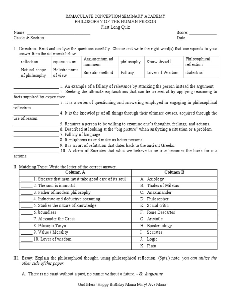 Philosophy of the Human Person Long Quiz Sept. 8, 2022 | PDF | Reason ...