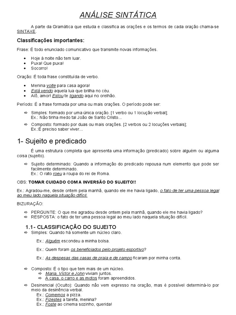 Análise Sintática | PDF | Assunto (gramática) | Predicado (gramática)