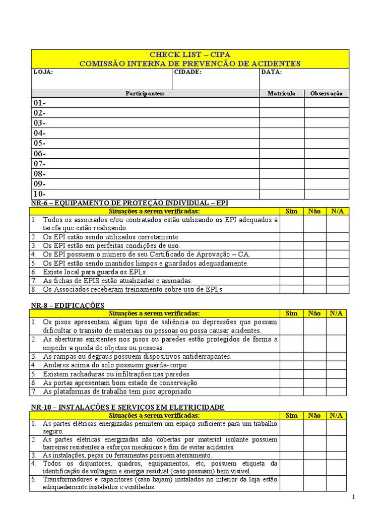 Check List Da CIPA | PDF | Engenharia Elétrica | Eletricidade