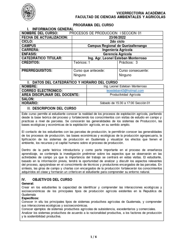 40 - Procesos de Produccion I, Seccio 01, Ing. Leonel Monterroso ...