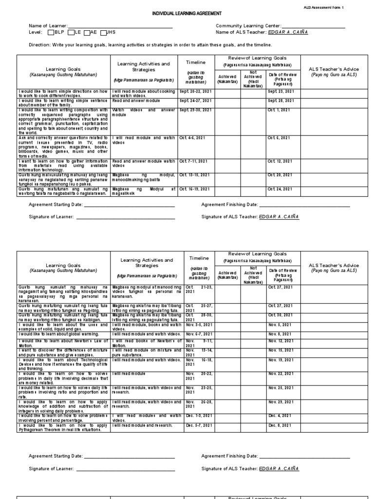 ALS Assessment Form 1 ILA 1 and 2 For 2021 2022 | PDF | Learning | Percentage