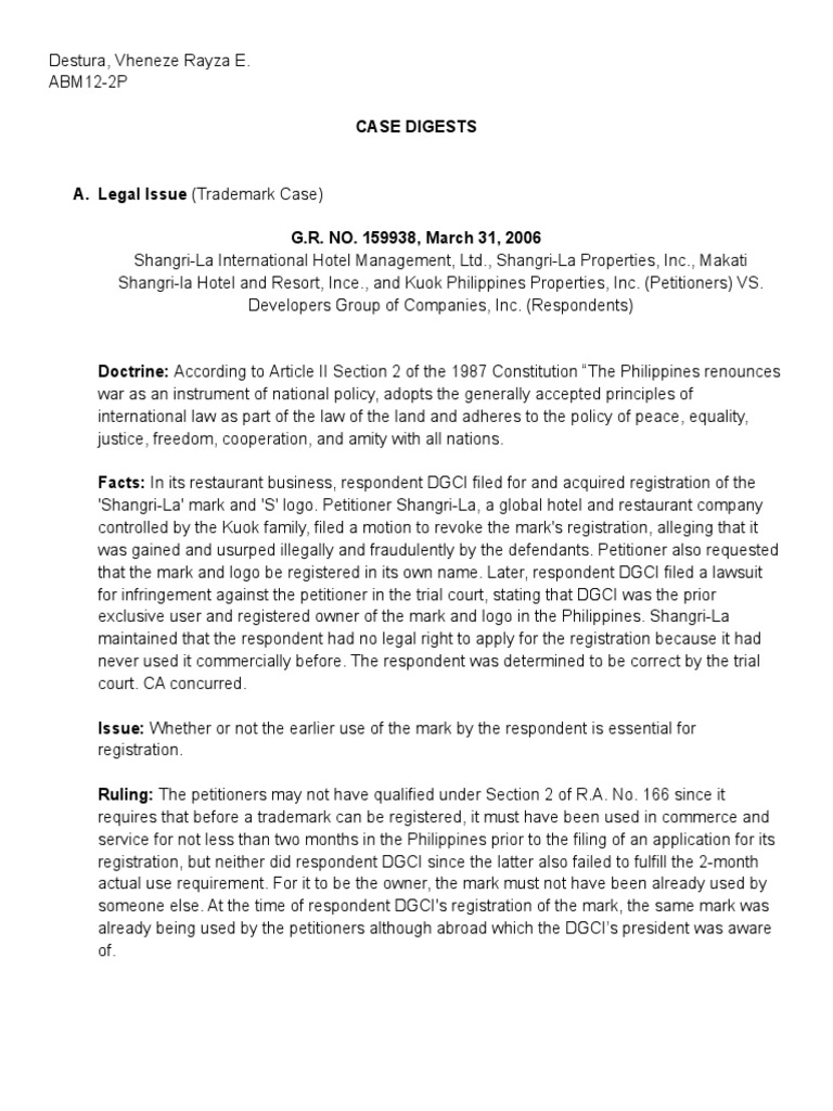 Destura Case Digests | PDF | Trademark | Justice