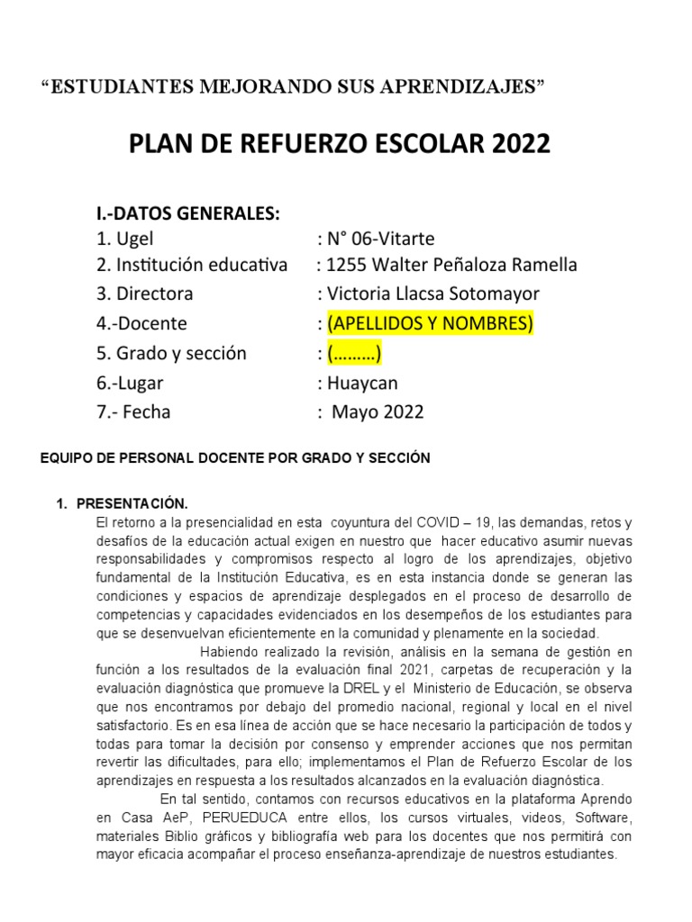 Plan de Refuerzo Escolar 1255 - 2022 | PDF | Evaluación | Educación primaria