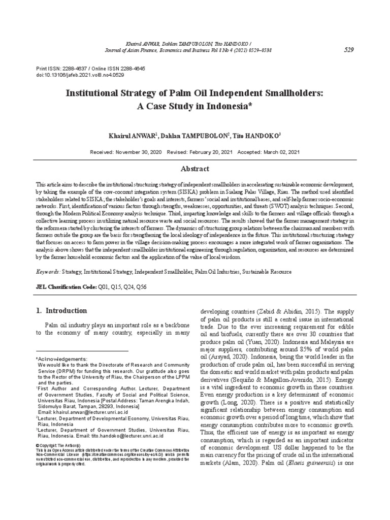 Institutional Strategy of Palm Oil Independent Smallholders A Case Study in Indonesia | PDF ...