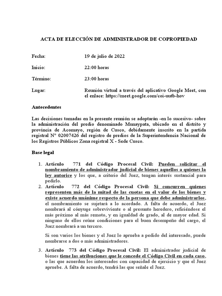 Acta de Copropietarios | PDF | Condominio | Ley procesal