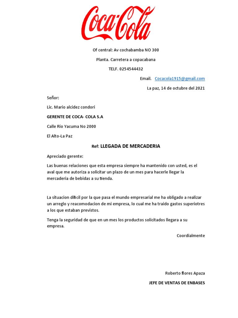 Carta de Coca Cola | PDF Carta de Coca Cola | PDF