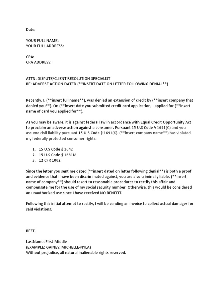 Credit Denial Dispute Letter Template | PDF | Law