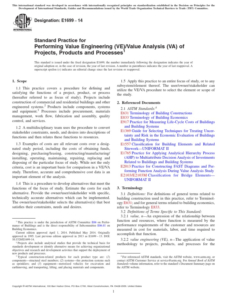 Astm Value Engineering Value Analysis E1699.4166 | PDF | Design | Life Cycle Assessment