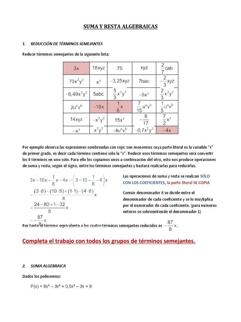 Suma y Resta Algebraicas | PDF | Conceptos matemáticos | Matemáticas ...