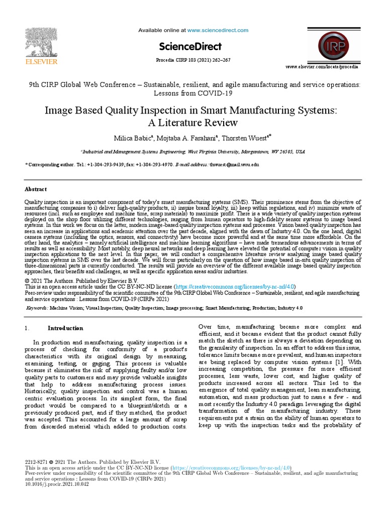 Image Based Quality Inspection in Smart Manufacturing Systems A ...