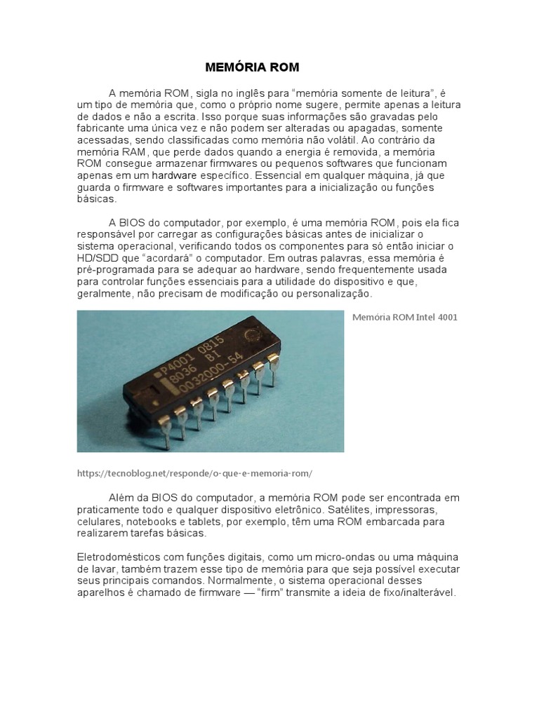 Memória Rom | PDF | Memória de Somente Leitura (ROM) | Armazenamento de ...