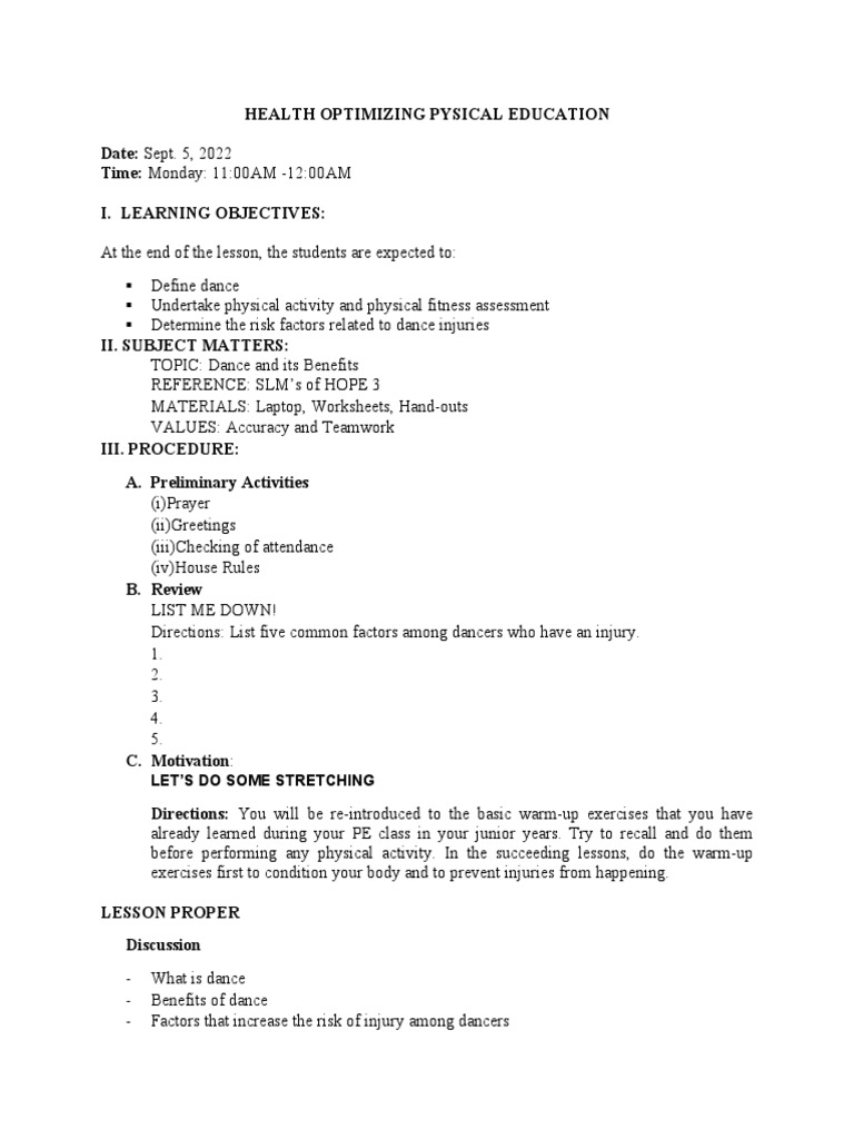 Lesson Plan HOPE 3 Sample | PDF | Risk | Lesson Plan