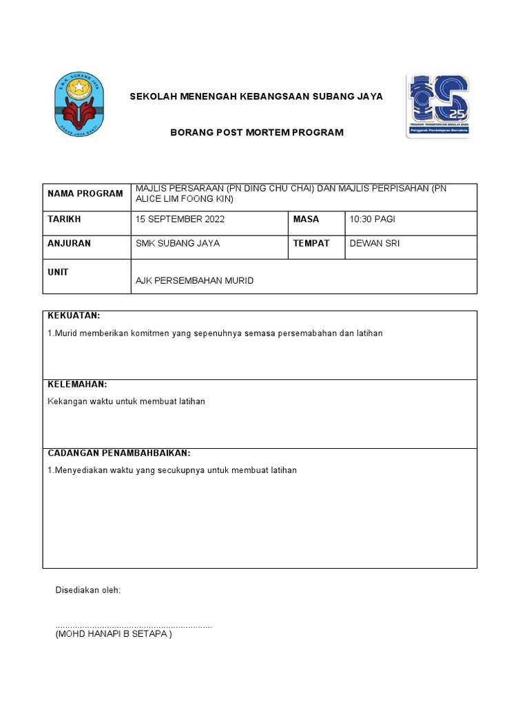Borang Pos Mortem (PERSEMBAHAN MURID) | PDF