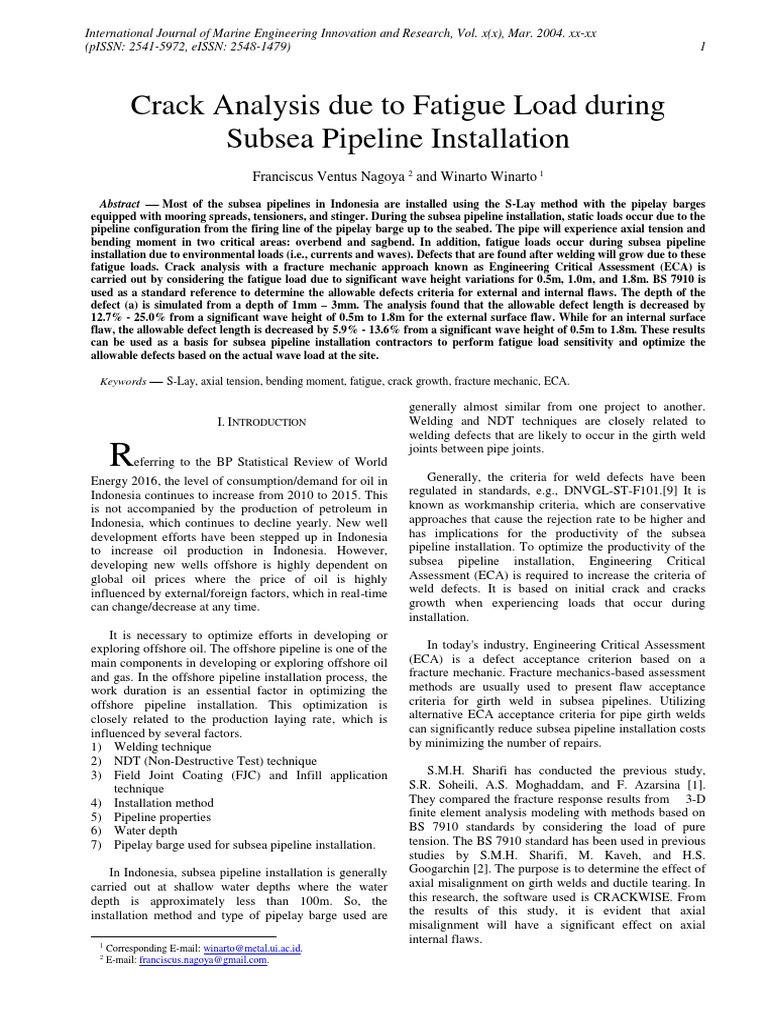Crack Growth Analysis of Subsea Pipelines Under Fatigue Loads During ... Crack Growth Analysis of Subsea Pipelines Under Fatigue Loads During ...