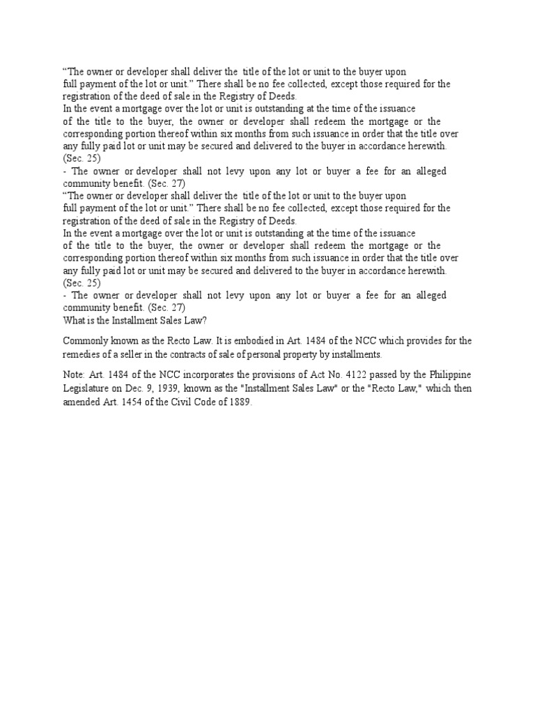 The Owner or Developer Shall Deliver The Title of The Lot or Unit To ...