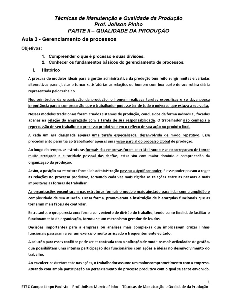 Aula 3 - Gerenciamento de Processos | PDF | Qualidade (negócios) | Economias