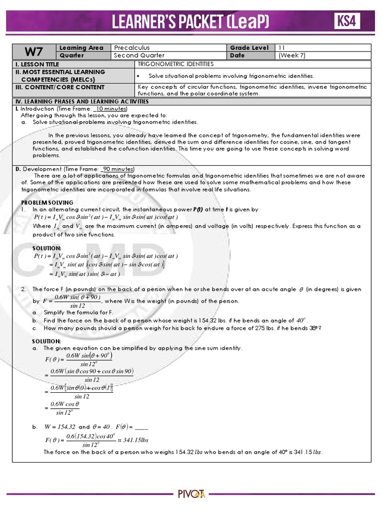 Q4 STEM-Pre-Calculus Week7 | PDF | Trigonometric Functions | Trigonometry