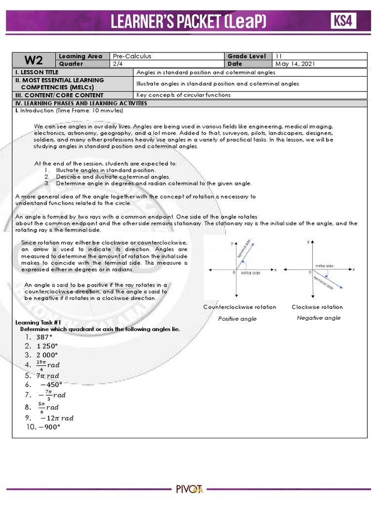 Q4 Stem Pre Calculus W2 Download Free Pdf Angle Cartesian Coordinate System