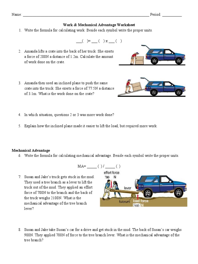Physics Worksheet: Work & Mechanics | PDF | Force | Lever