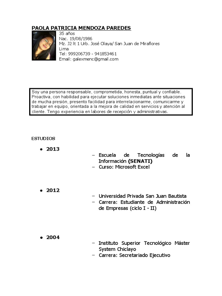 Paola Patricia Mendoza Paredes CV Actualizado | PDF