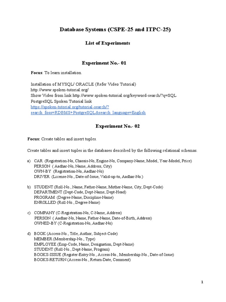 DBMS Lab - Manual Dec 15, 2020 | PDF | Relational Database | Relational ...