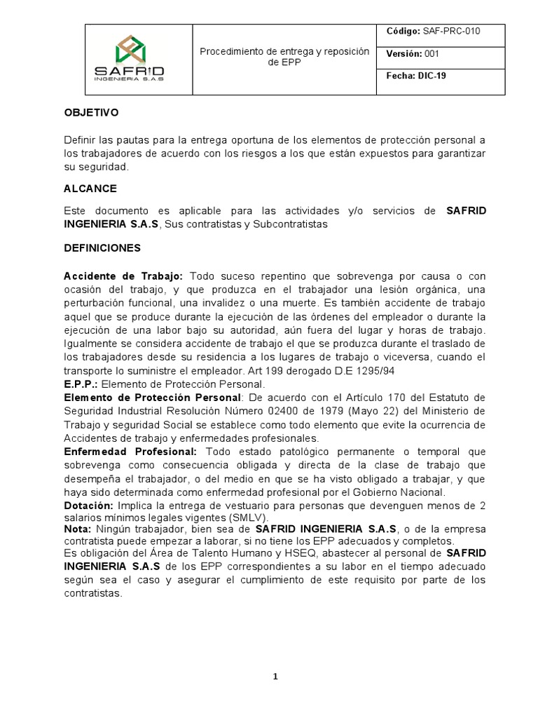Entrega y Reposición de EPP en SAFRID | PDF