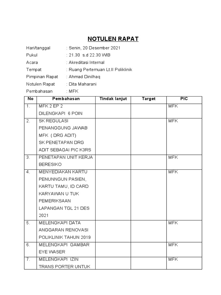 Notulen Rapat MFK | PDF