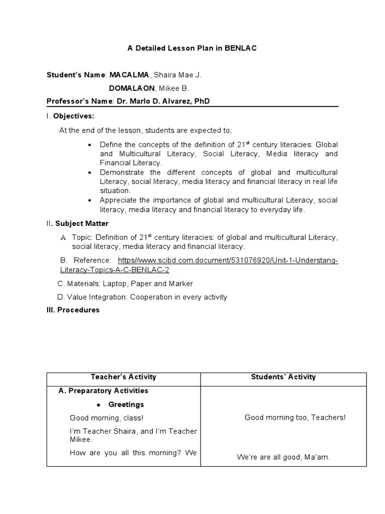 A Detailed Lesson Plan in BENLAC | PDF | Literacy | Teachers